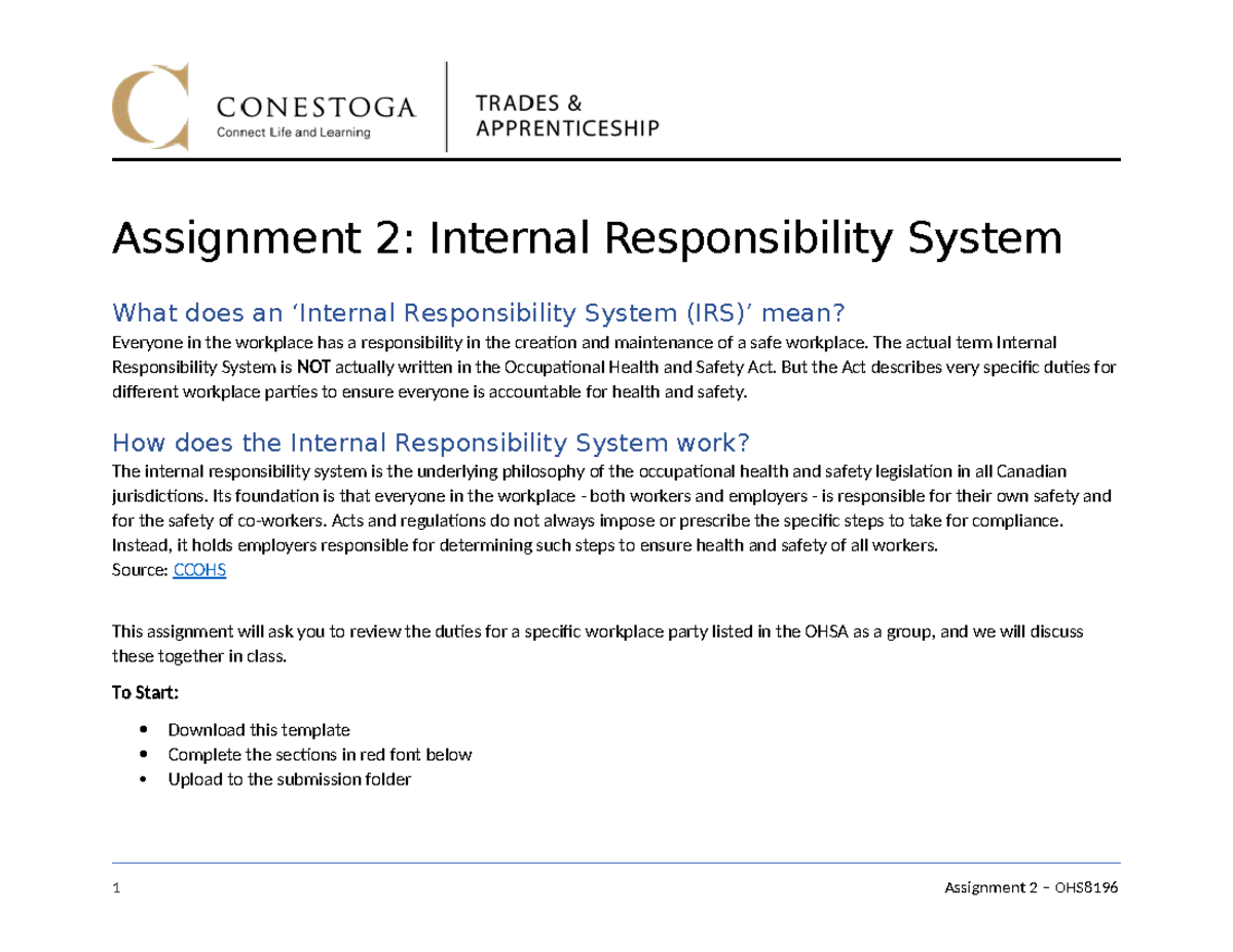 OHS8196 Assignment 2 - Internal Responsibility System - Assignment 2 ...