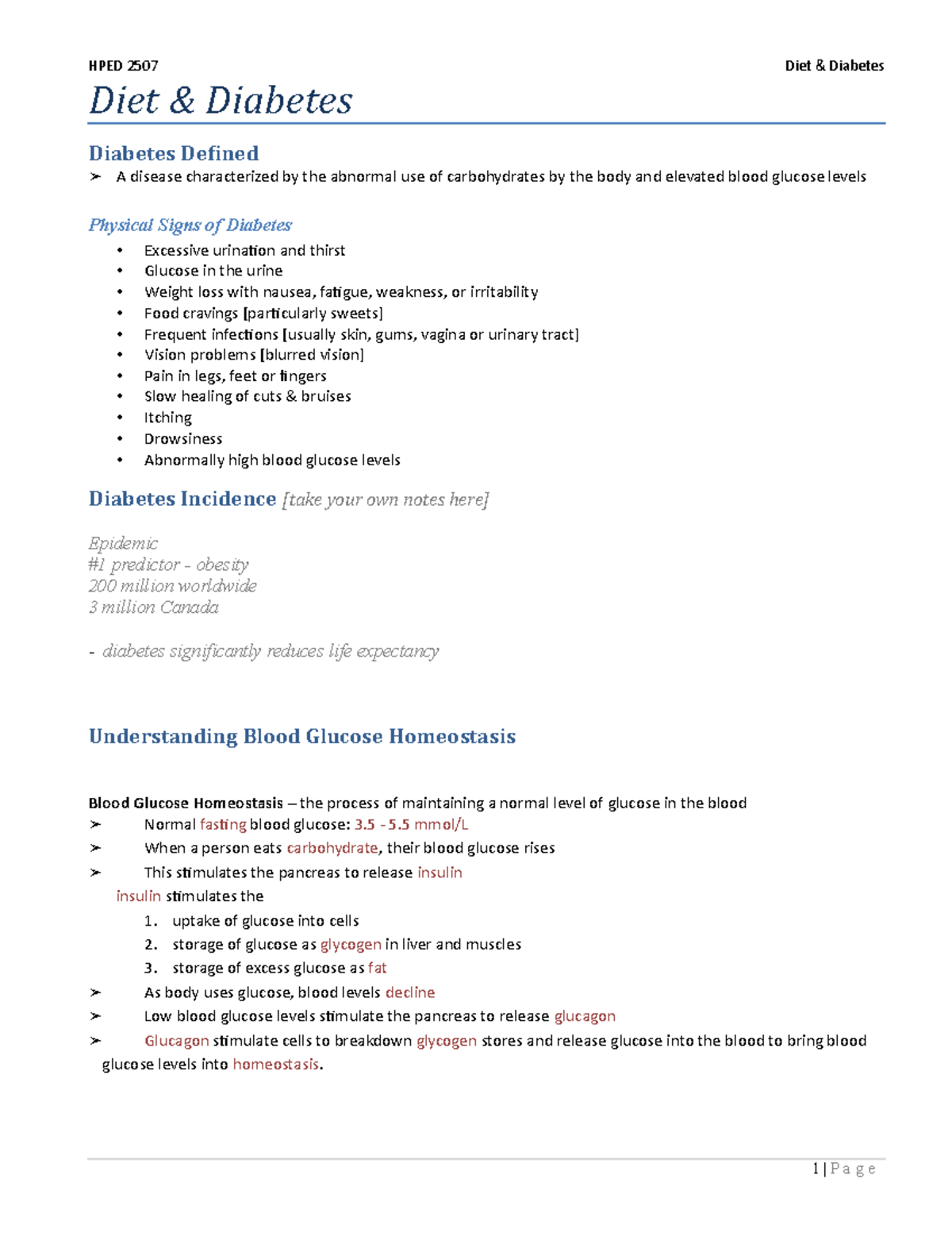 Diabetes - notes - HPED 2507 Diet &amp; Diabetes Diet &amp; Diabetes ...