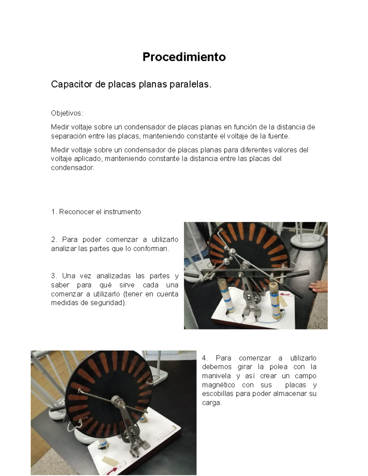 Procedimiento - REPORTE DE PRACTICA DE FISICA - Procedimiento Capacitor de placas planas ...