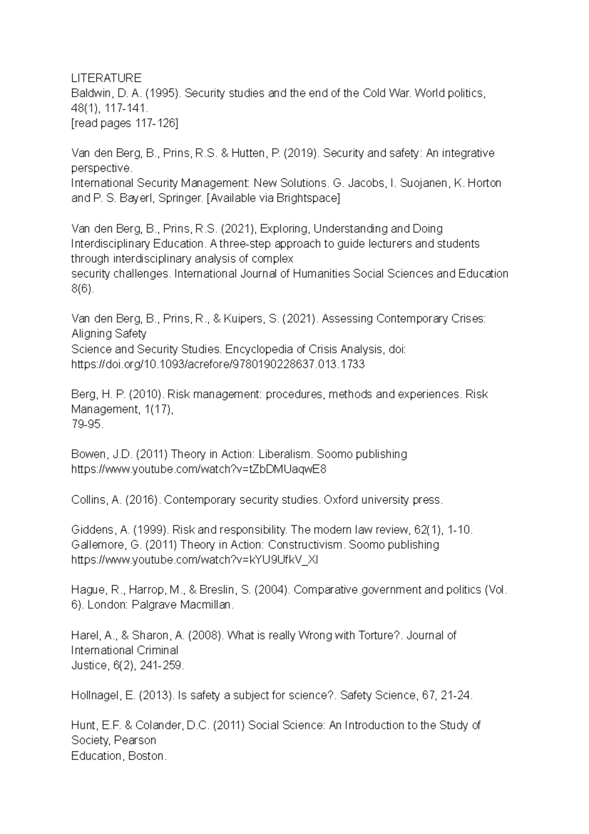 Literature List Of Articles To Read For Lectures And Exam Prep