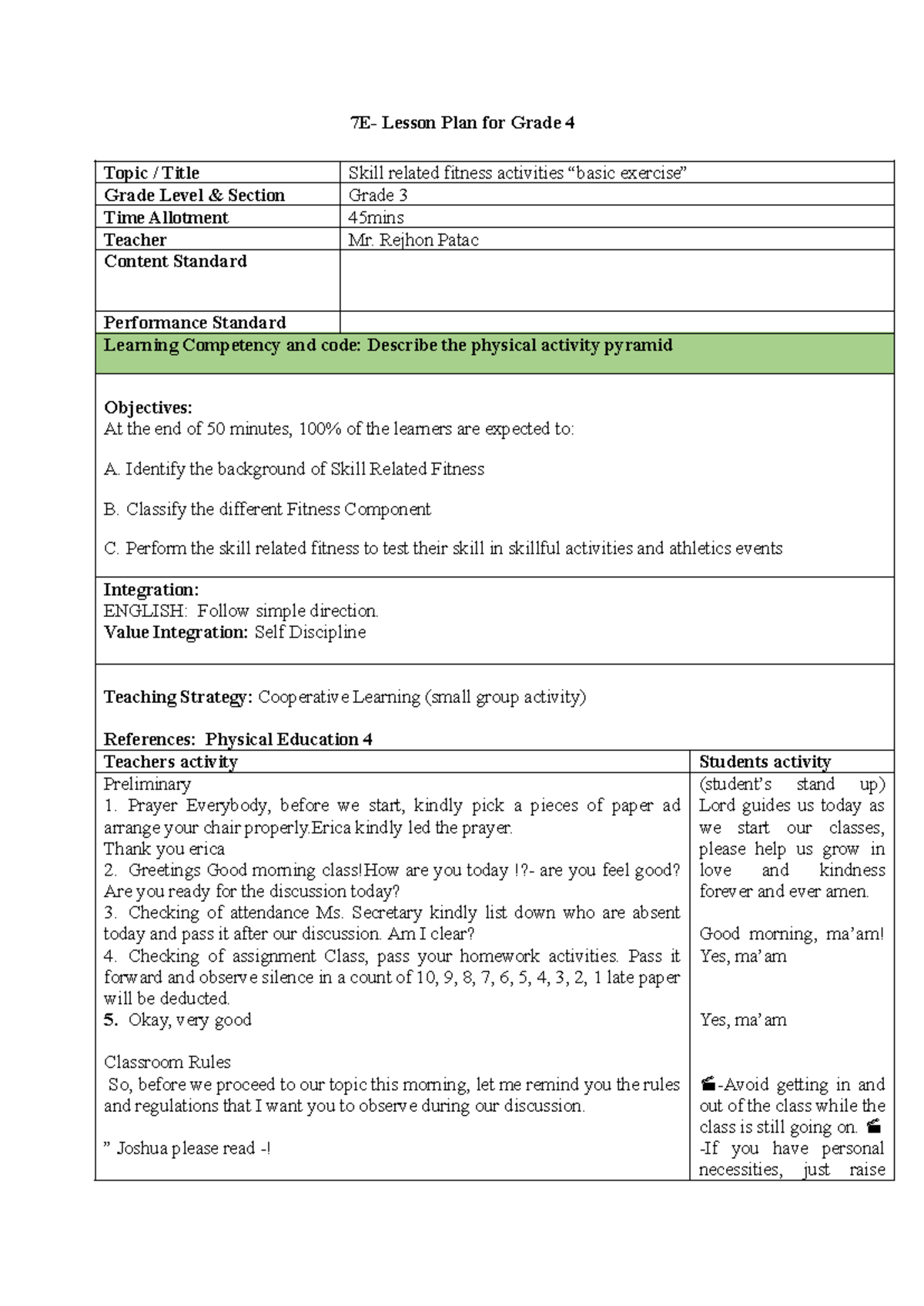 Rejhon Lesson PLAN 1 - 7E- Lesson Plan for Grade 4 Topic / Title Skill ...