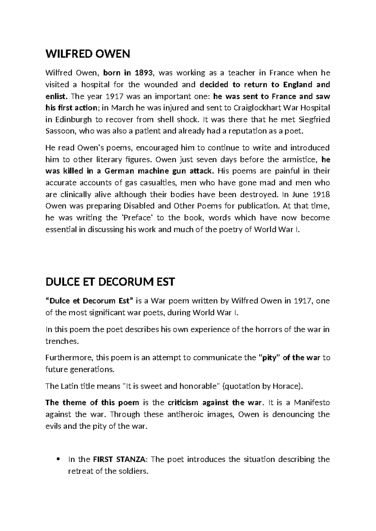 Wilfred OWEN- Dulce ET Decorum EST - WILFRED OWEN Wilfred Owen, born in ...