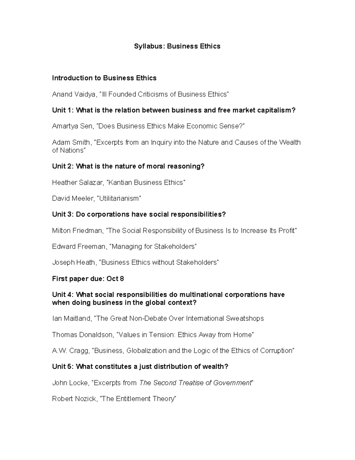 Phil2074 - Reading Schedule - Syllabus: Business Ethics Introduction to ...