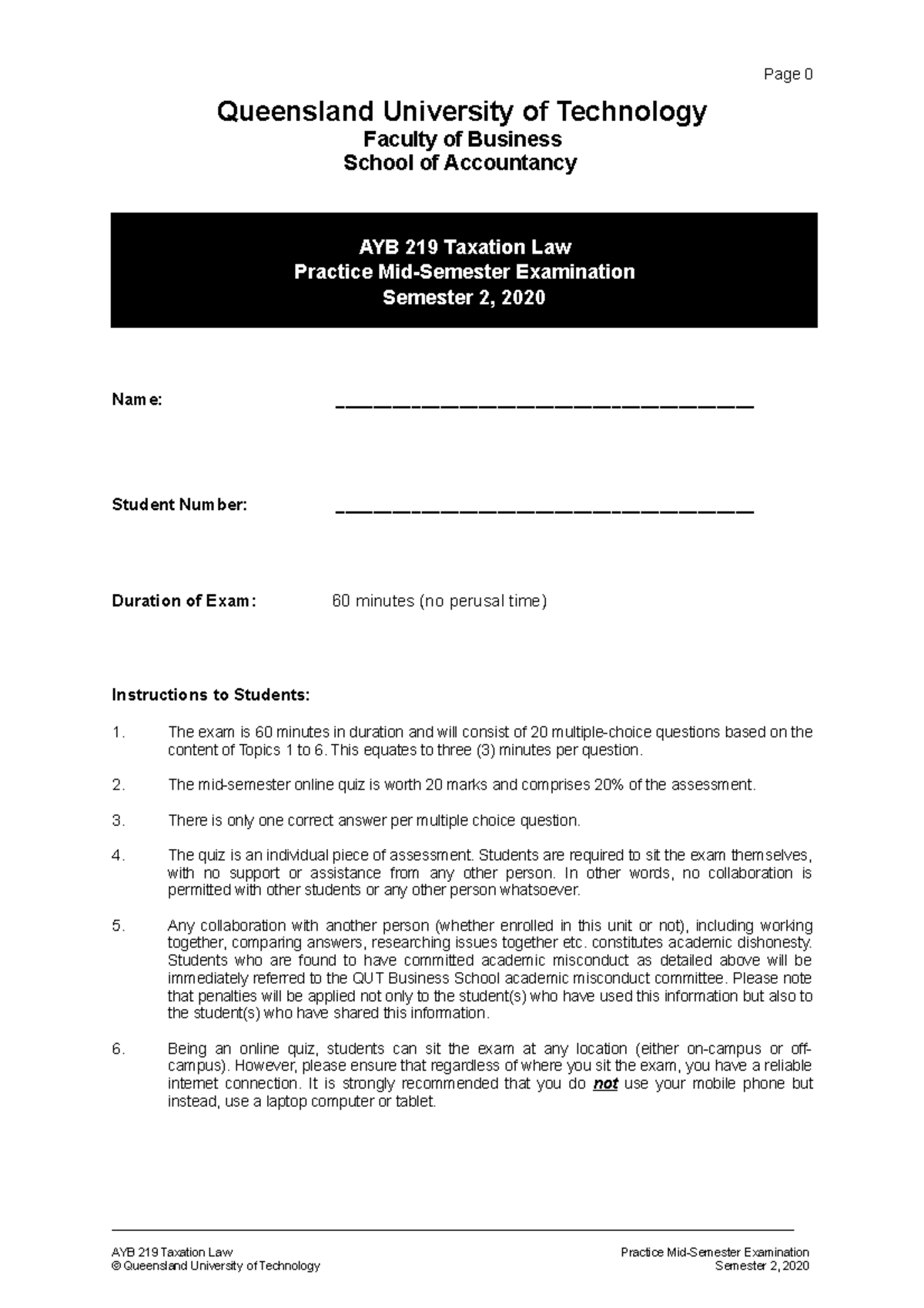 practice exam with answer - Queensland University of Technology Faculty ...