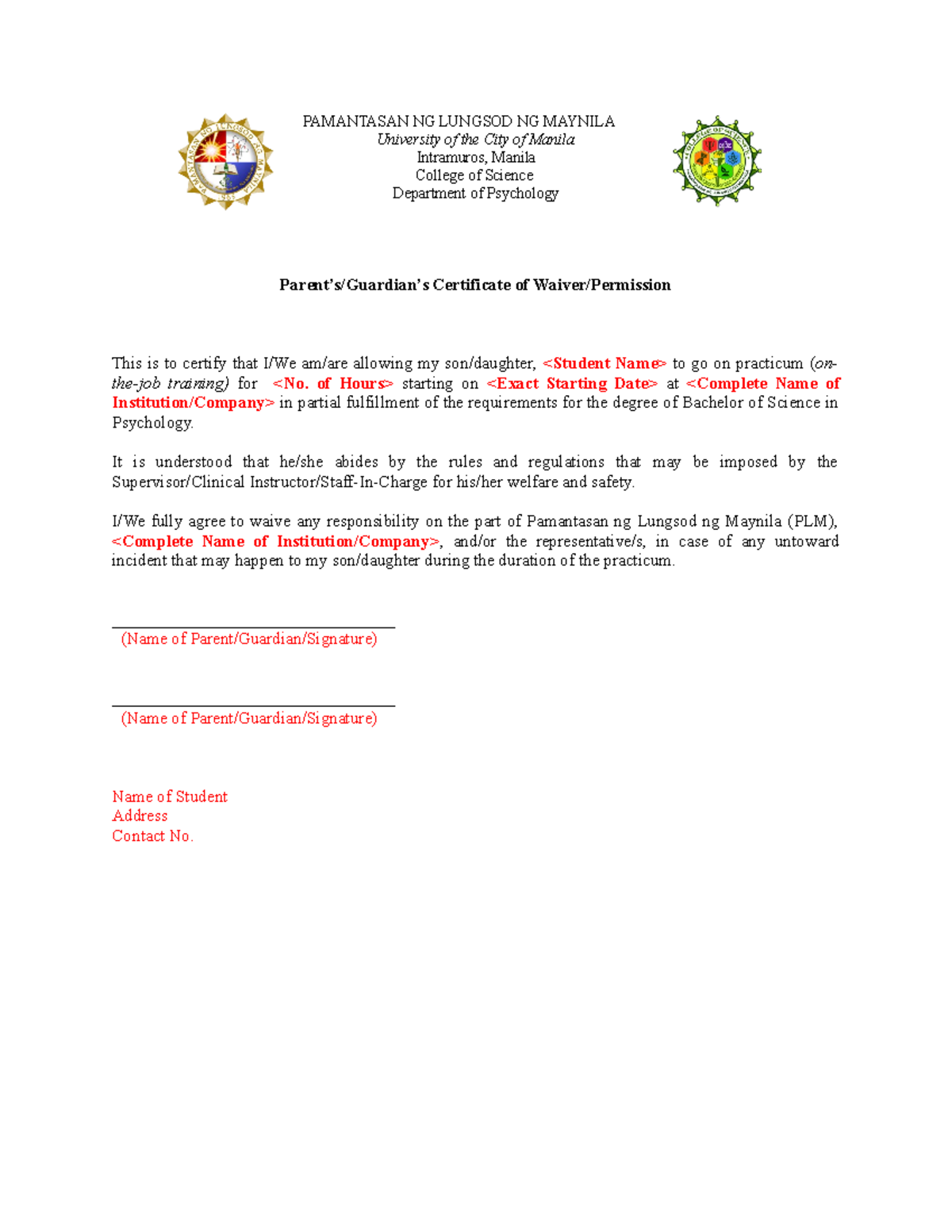 Parents- Waiver-OJT - PAMANTASAN NG LUNGSOD NG MAYNILA University of ...