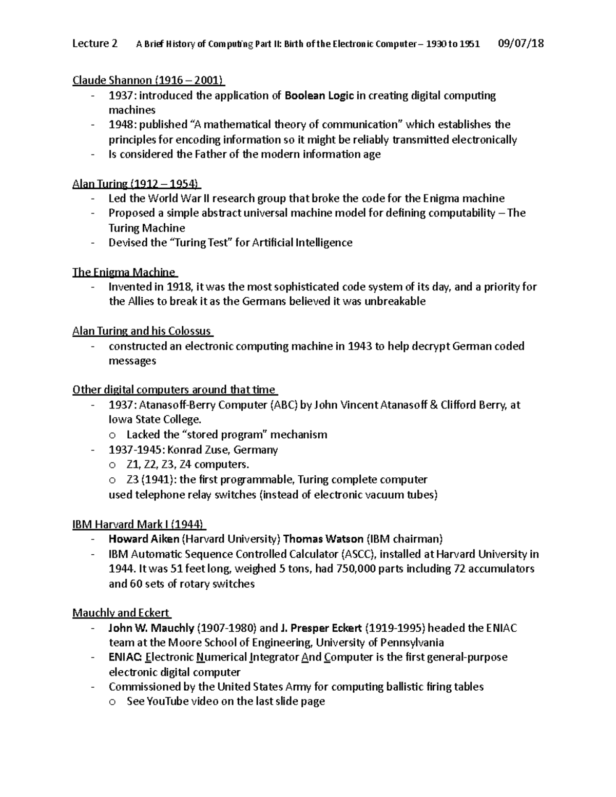 LE:ECCS 1520 Lecture 2 A Brief History of Computing Part II Birth of ...