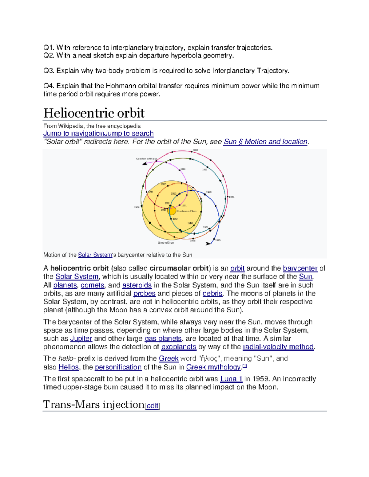 Assignment space mechanics - Q1. With reference to interplanetary ...