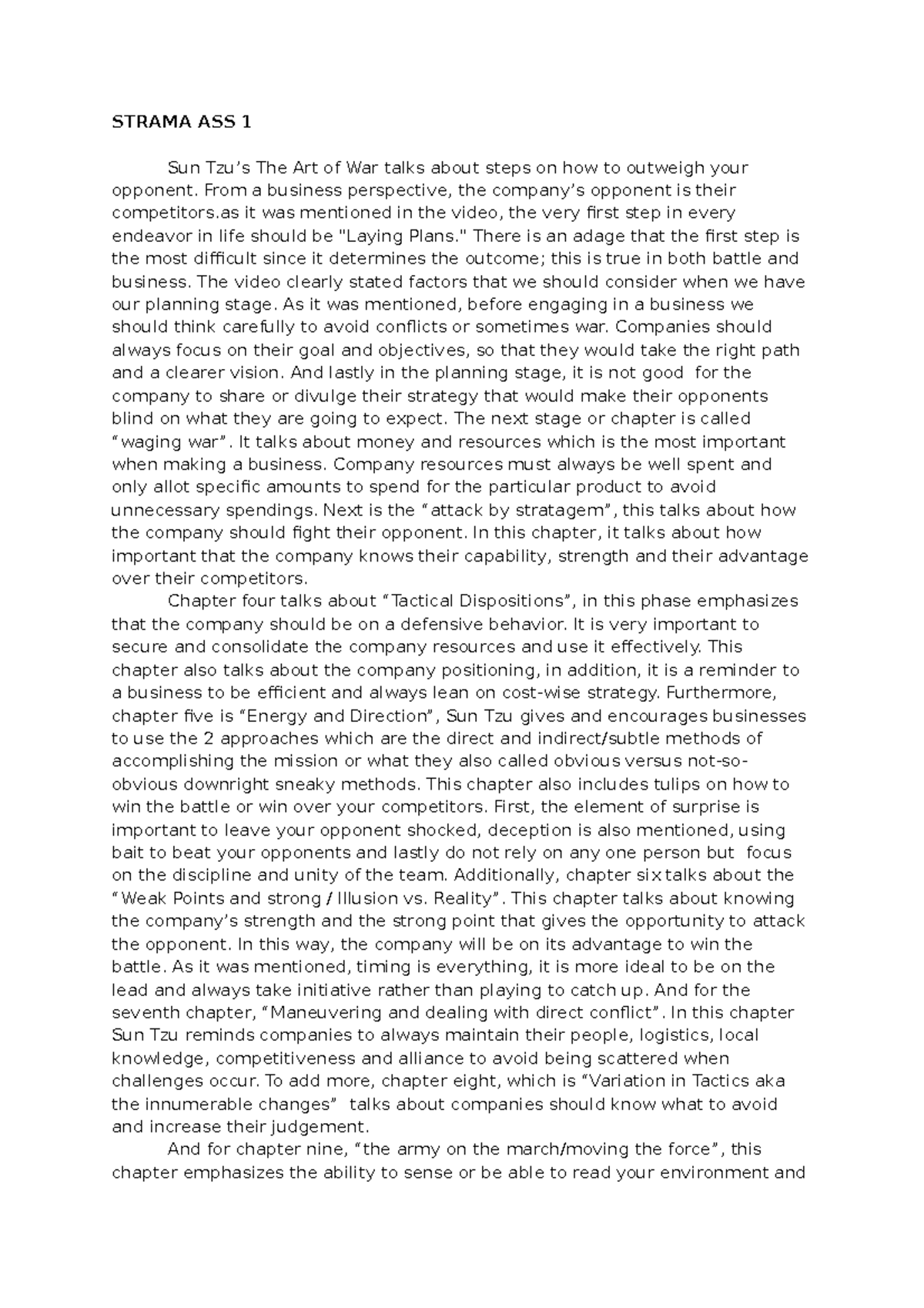 Strama Assignments - Assignment 7 - STRAMA ASS 1 Sun Tzu’s The Art of ...