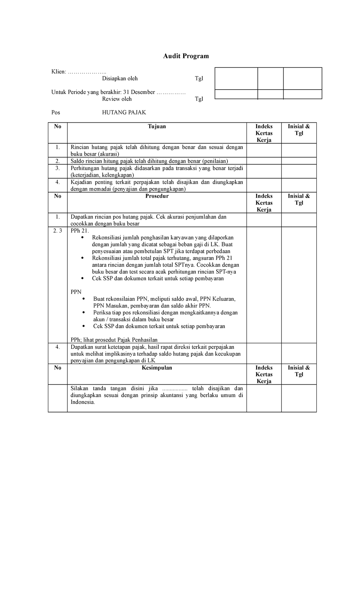 Audit program huntang pajak - Audit Program Klien ...