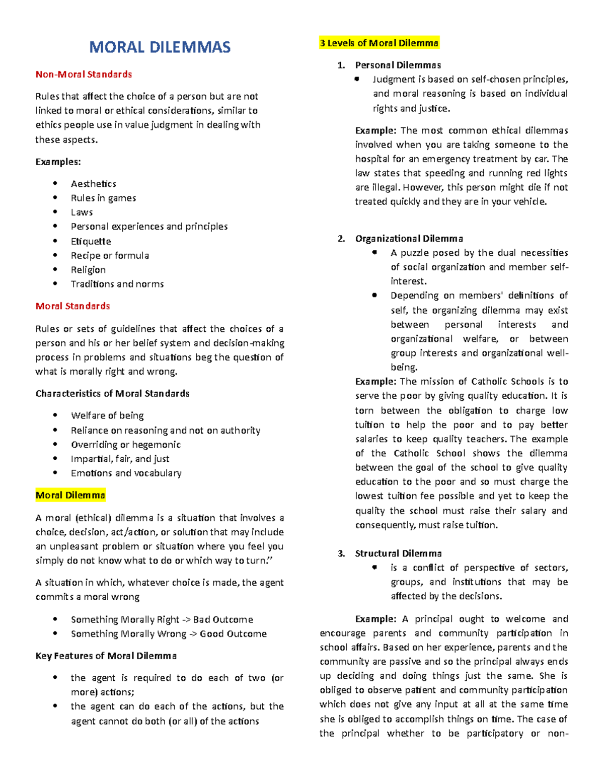 Moral-Dilemmas - Moral Dilemmas - MORAL DILEMMAS Non-Moral Standards ...