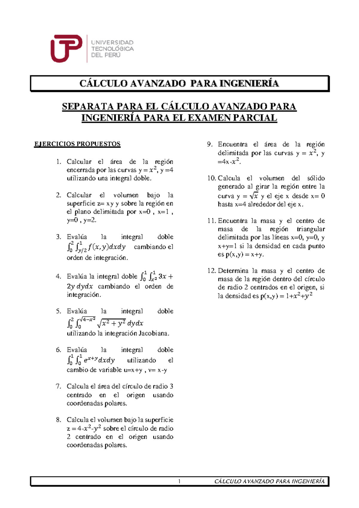 Separata PARA EL Examen Parcial - 1 CÁLCULO AVANZADO PARA INGENIERÍA CÁLCULO AVANZADO PARA - Studocu
