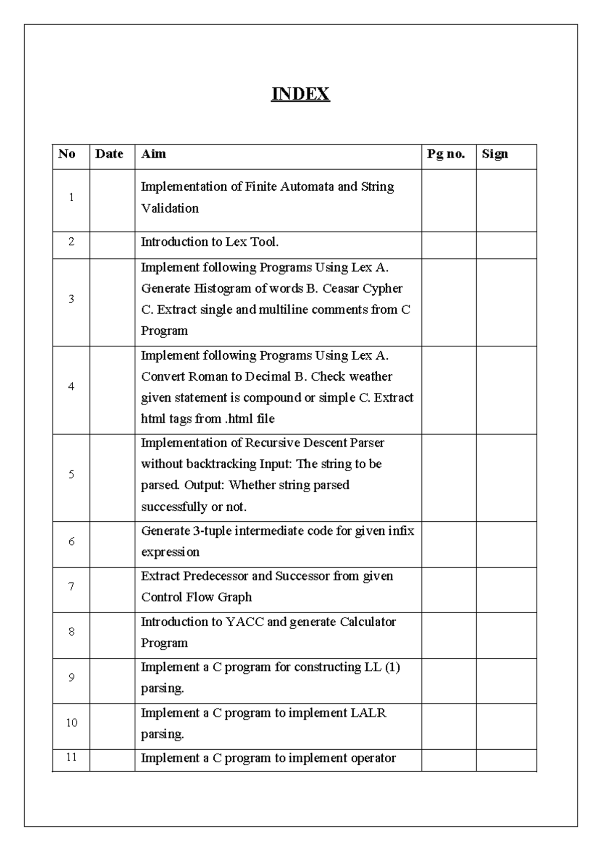 CD Manunnaul - cd mannual - INDEX No Date Aim Pg no. Sign 1 Implementation of Finite Automata ...
