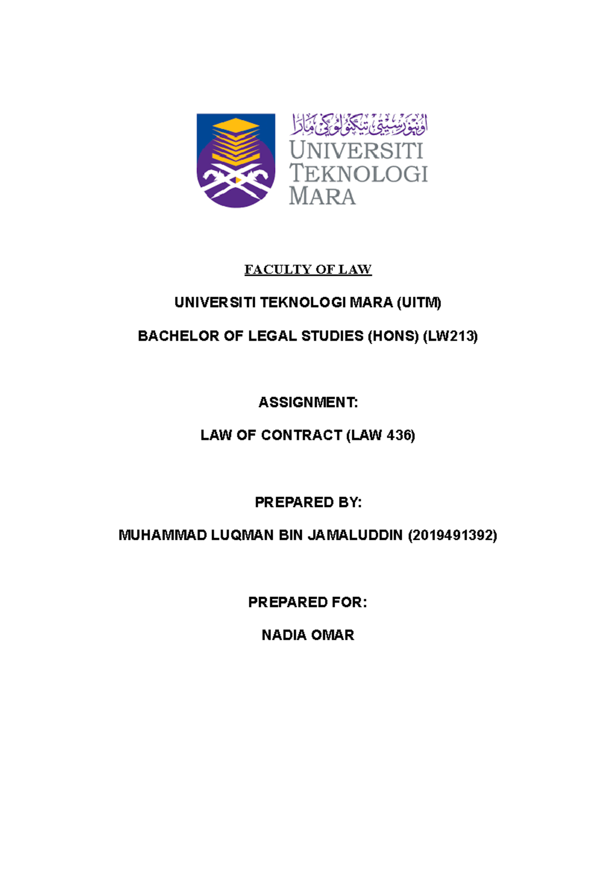 Contract 1 final assessment - FACULTY OF LAW UNIVERSITI TEKNOLOGI MARA ...