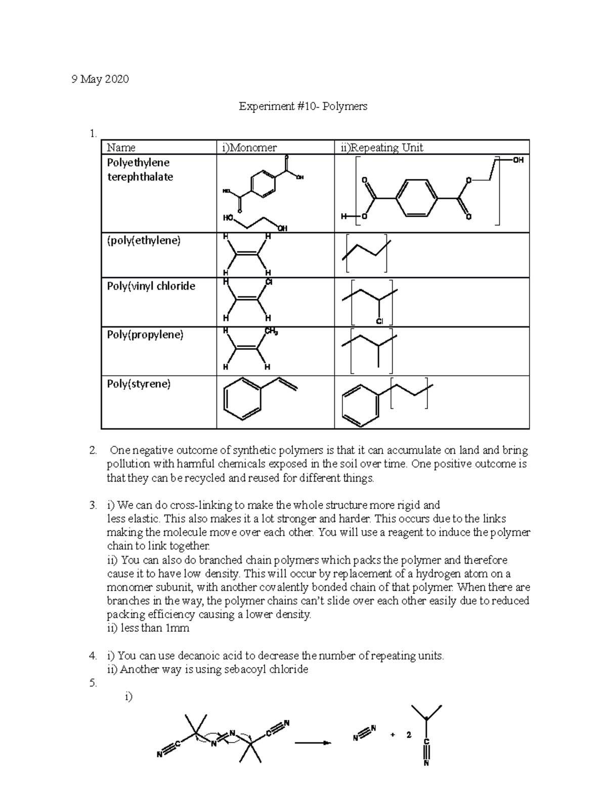 Experiment #10- Polymers - 9 May 2020 Experiment #10- Polymers Name i ...