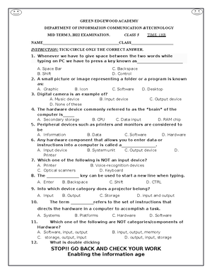 MID TERM Grade 1 - Exam Revision - GREEN EDGEWOOD ACADEMY DEPARTMENT OF ...