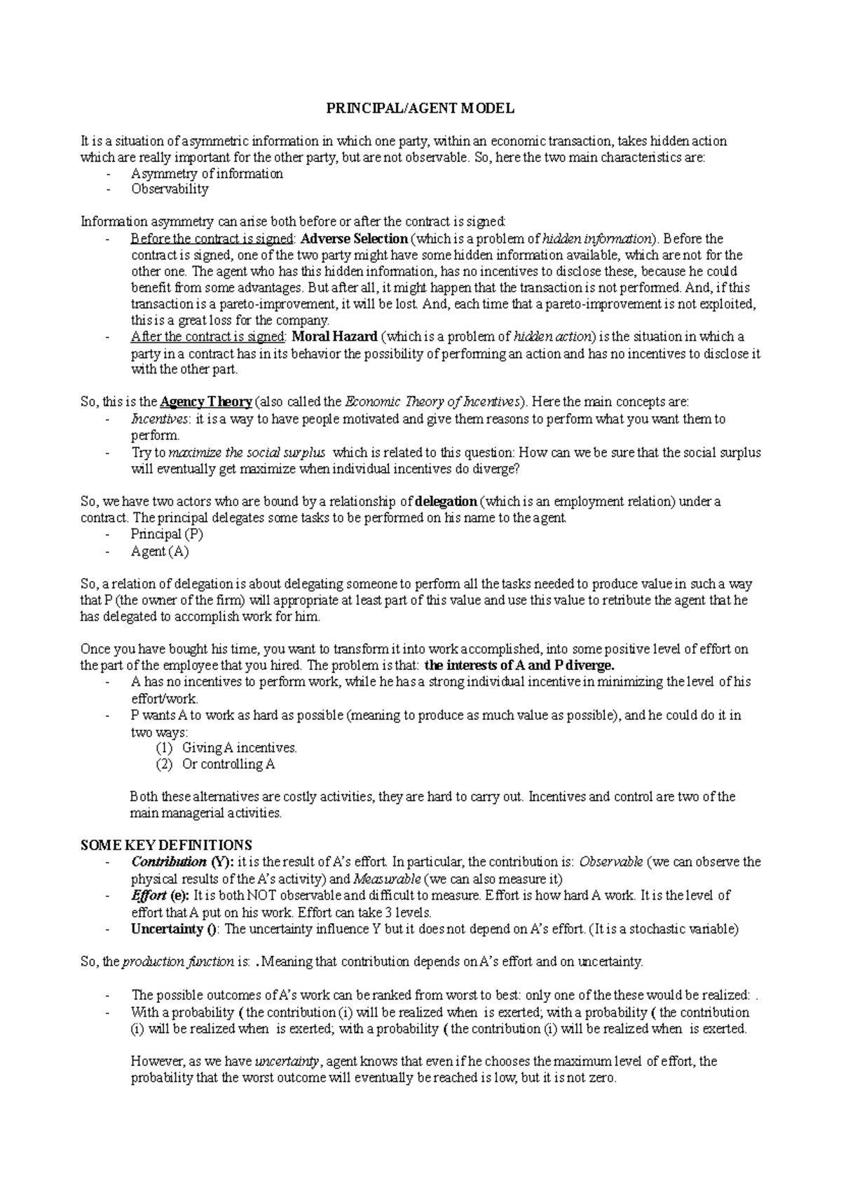 Principal:agent theory - PRINCIPAL/AGENT MODEL It is a situation of ...