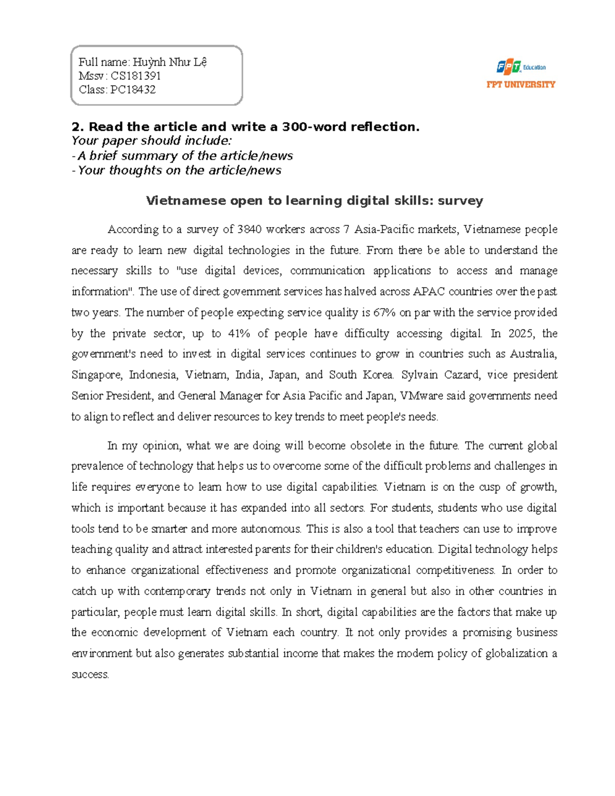 Assigment task 2 summit 1 - Read the article and write a 300-word ...