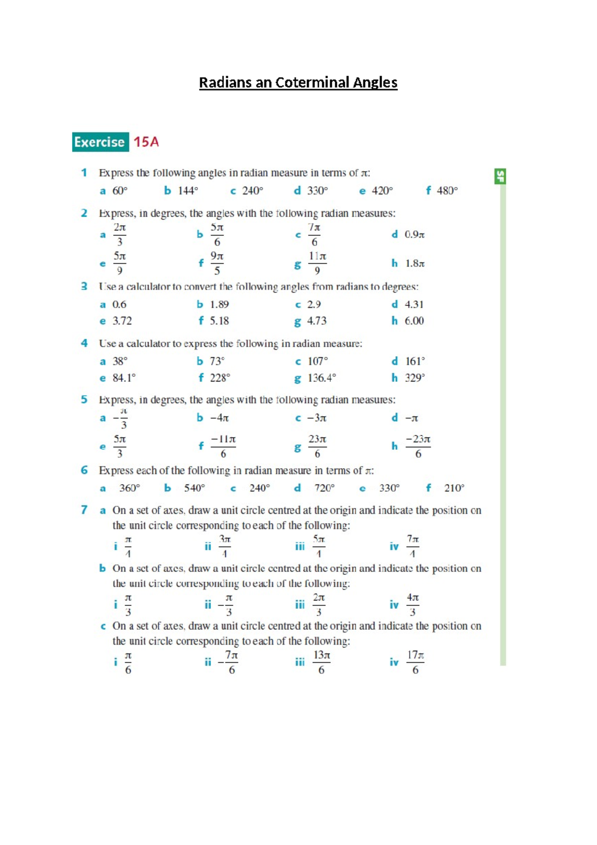 4a - Radians Exercise 15A Cambridge text (Year 10 Specialist Math ...