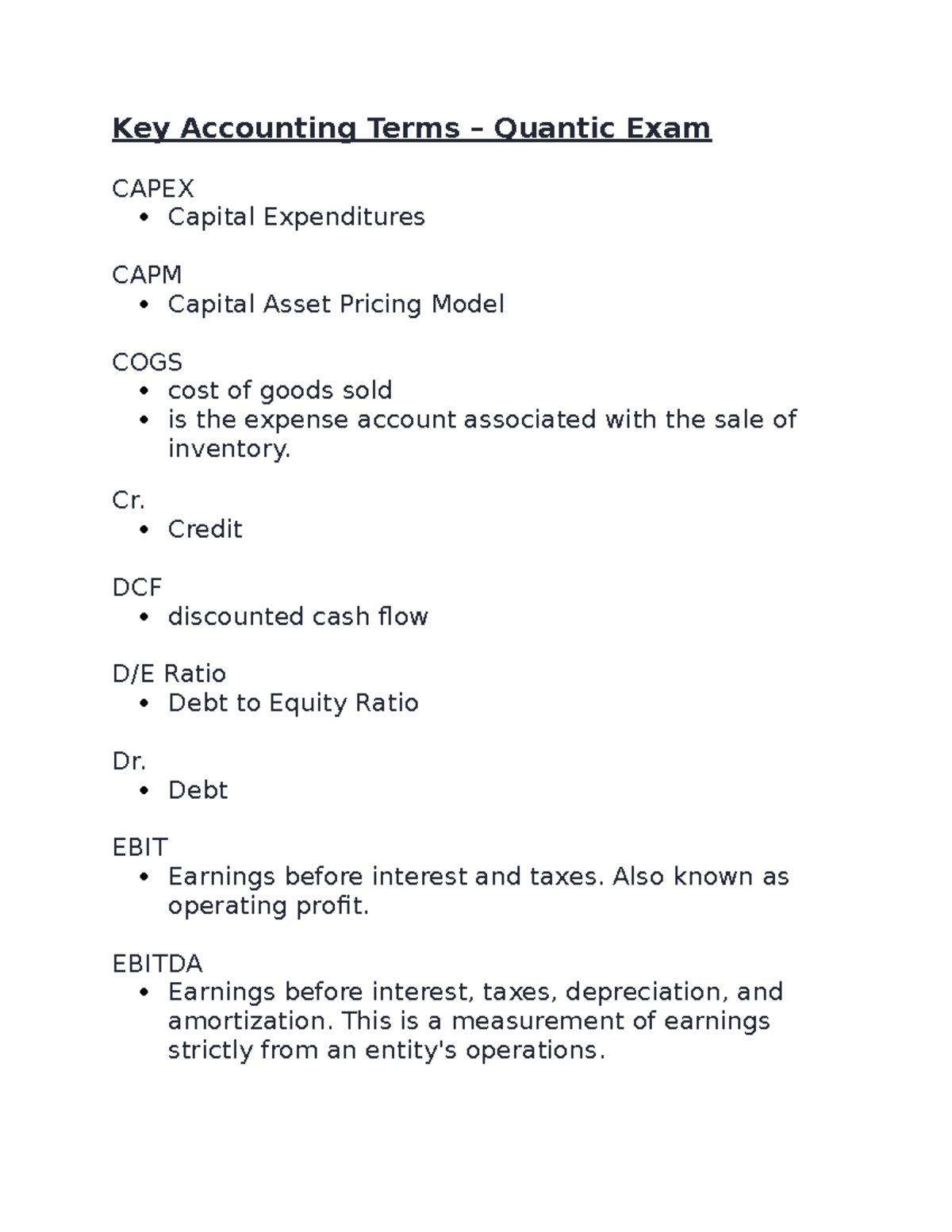 Key Accounting Terms - Cr. Credit DCF discounted cash flow D/E Ratio ...