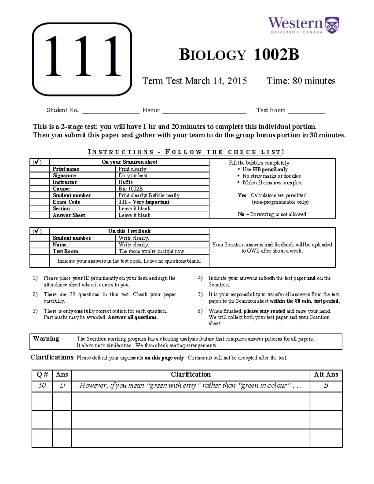 2015 Test 2 Midterm bio 1002 test with answers - BIOLOGY 1002B Term ...