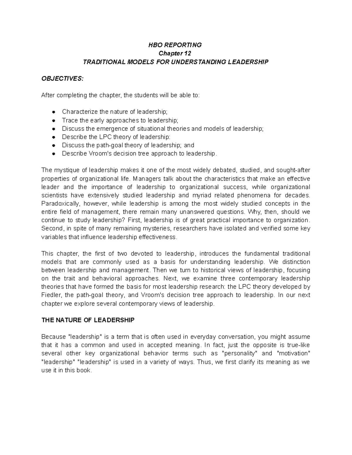 HBO Reporting - HBO REPORTING Chapter 12 TRADITIONAL MODELS FOR ...