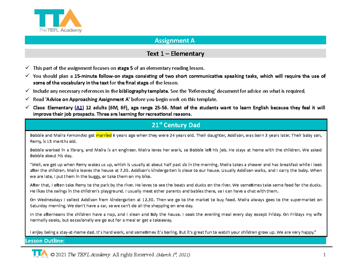 Text 1- Elementary (Repaired) - Assignment A Text 1 – Elementary This ...