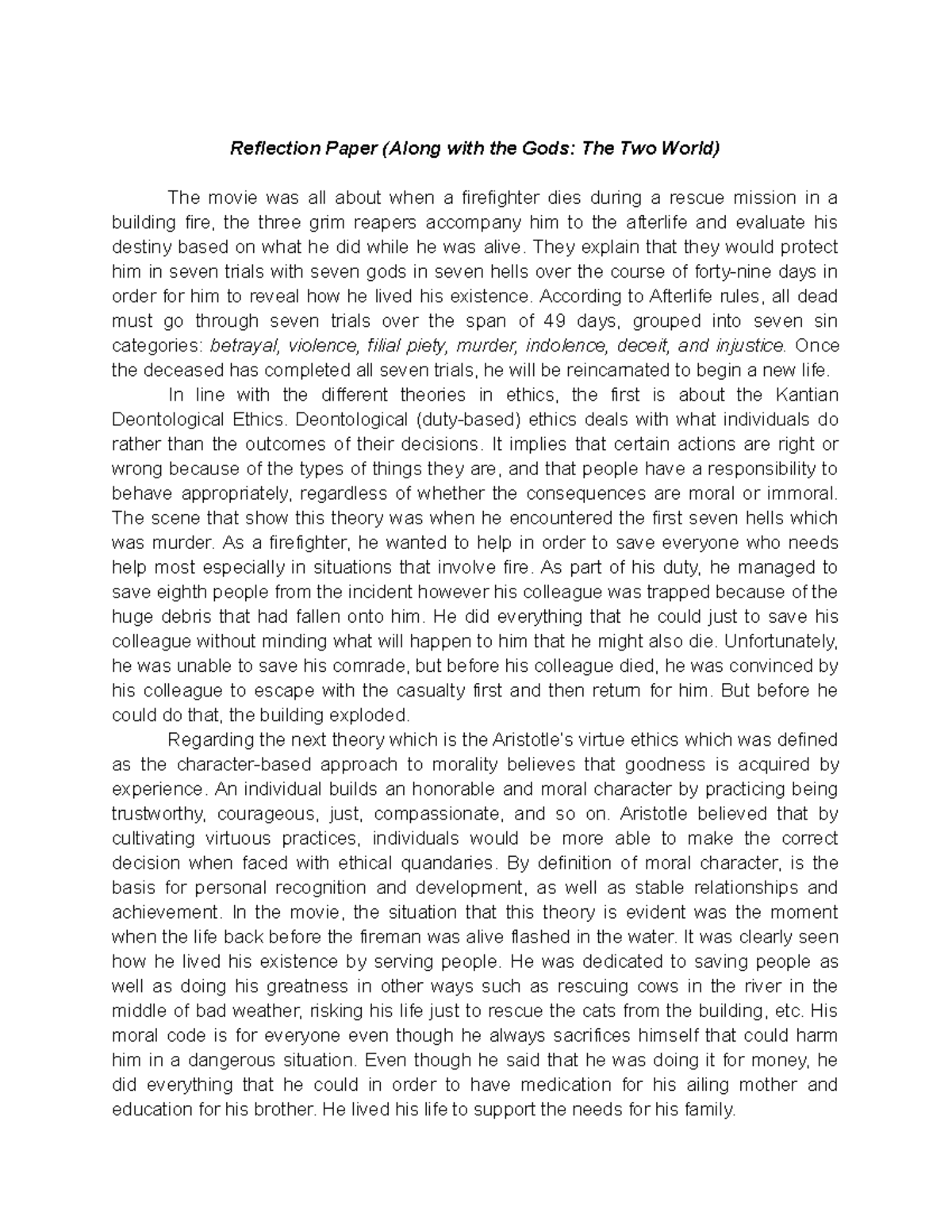 Different Ethical Perspectives - Reflection Paper (Along with the Gods ...