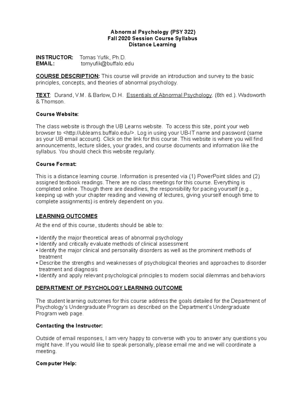 Fall 2020 Abnormal Psych Syllabus - Abnormal Psychology (PSY 322) Fall ...
