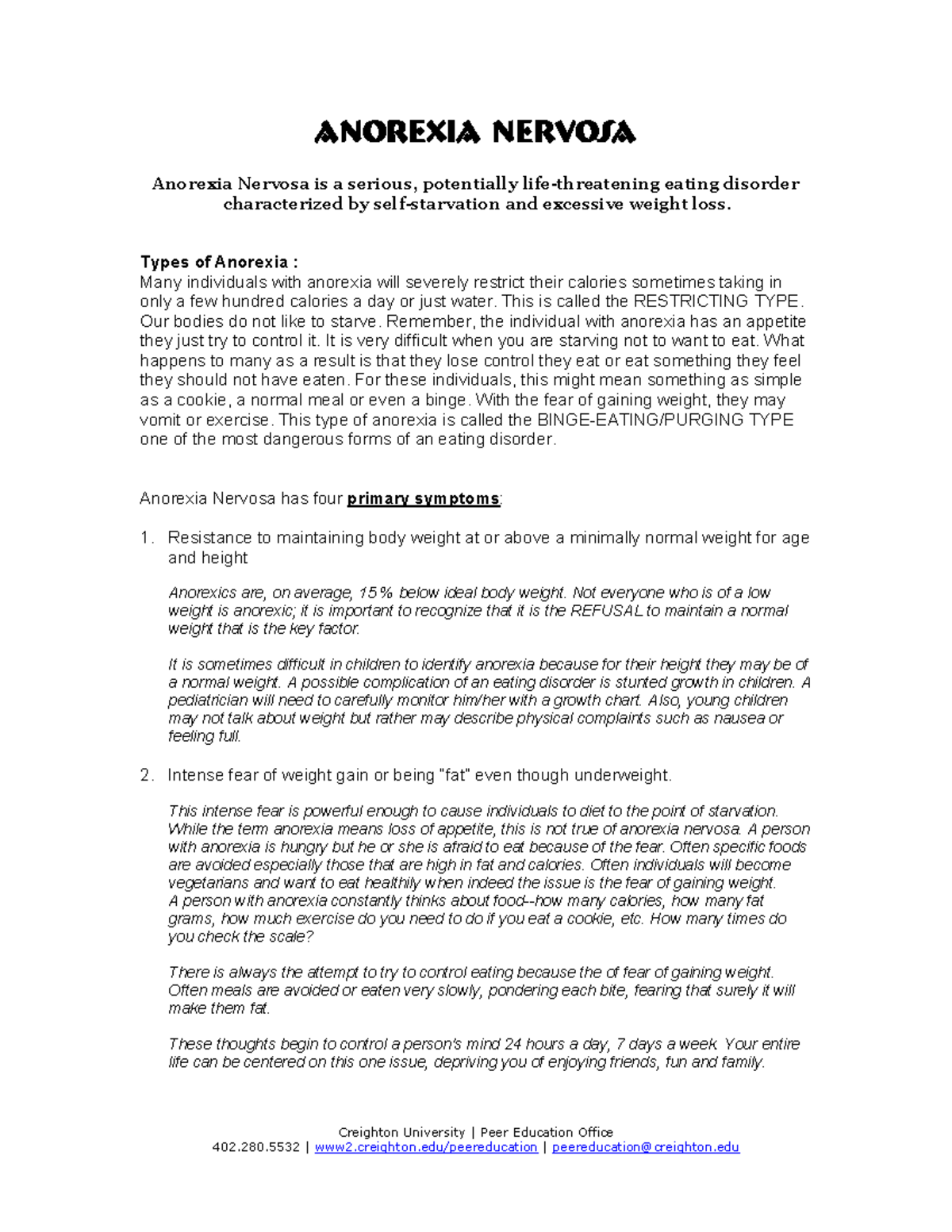 Anorexia Nervosa lecture - Creighton University | Peer Education Office ...