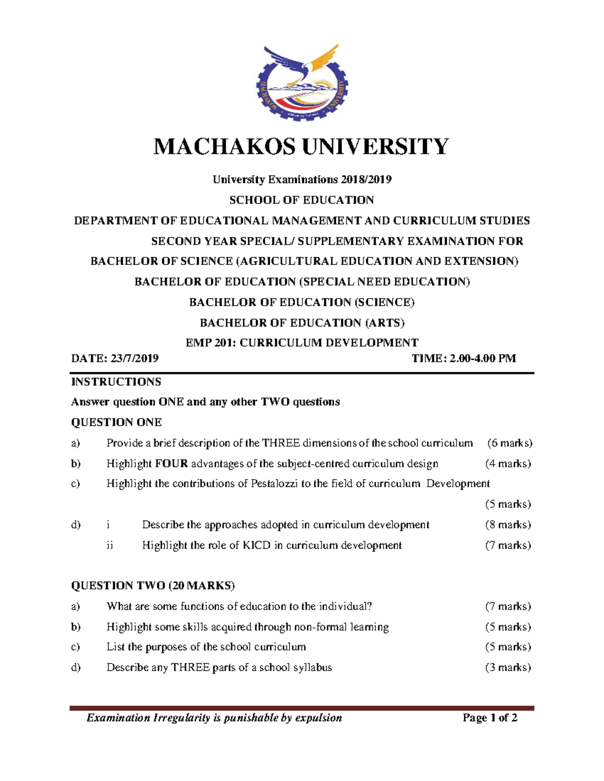 EMP 201 Curriculum Development - Examination Irregularity is punishable ...