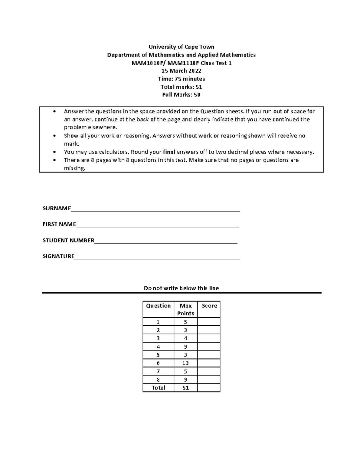 MAM1010F Class Test 1 2022 Memo - University of Cape Town Department of ...