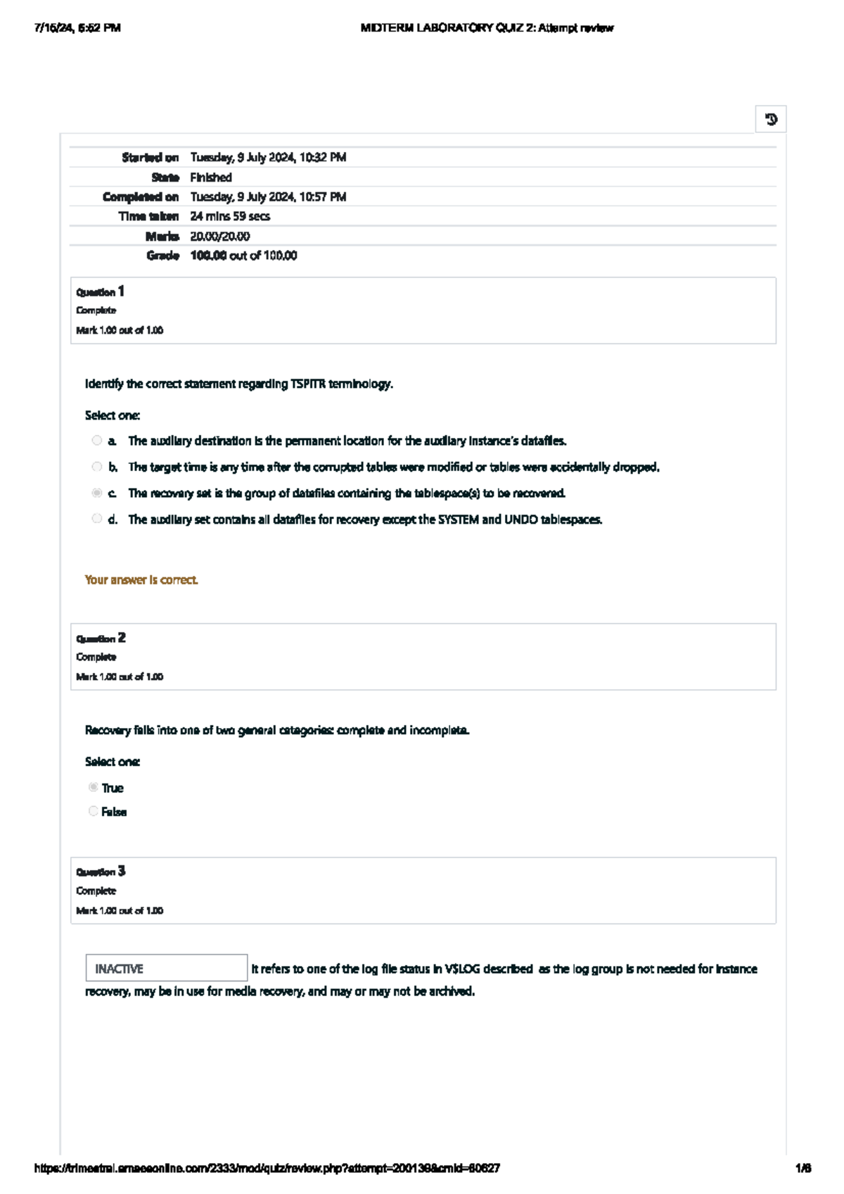 Database Midterm Lab Quiz 2 652 Pm Midterm Laboratory Quiz 2 Attempt Review Started On