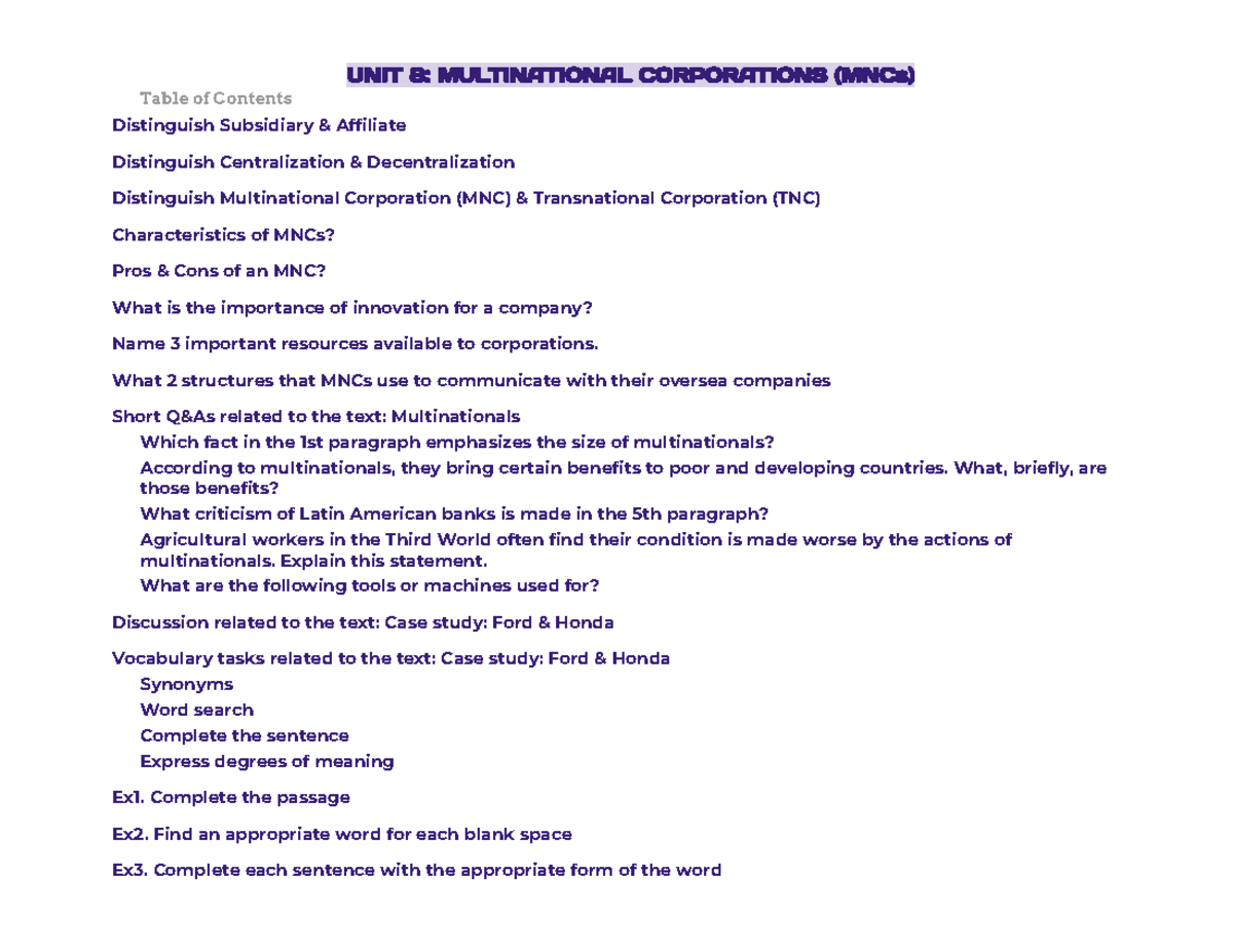 [Review] Unit 8 Multinational Corporations (MNCs) - UNIT 8 ...