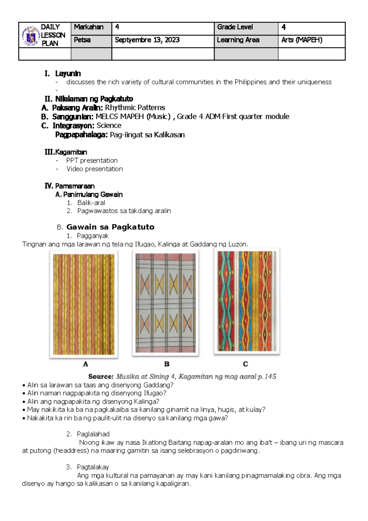 ARTS Q1 WEEK 3 (WED) - good - DAILY LESSON PLAN Markahan 4 Grade Level 4 Petsa Septyembre 13 ...