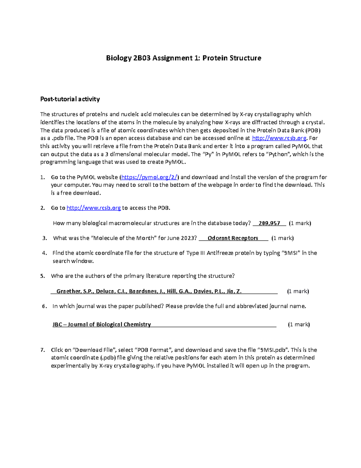 Tut 1 Assignment - Biology 2B03 Assignment 1: Protein Structure Post-tutorial activity The - Studocu