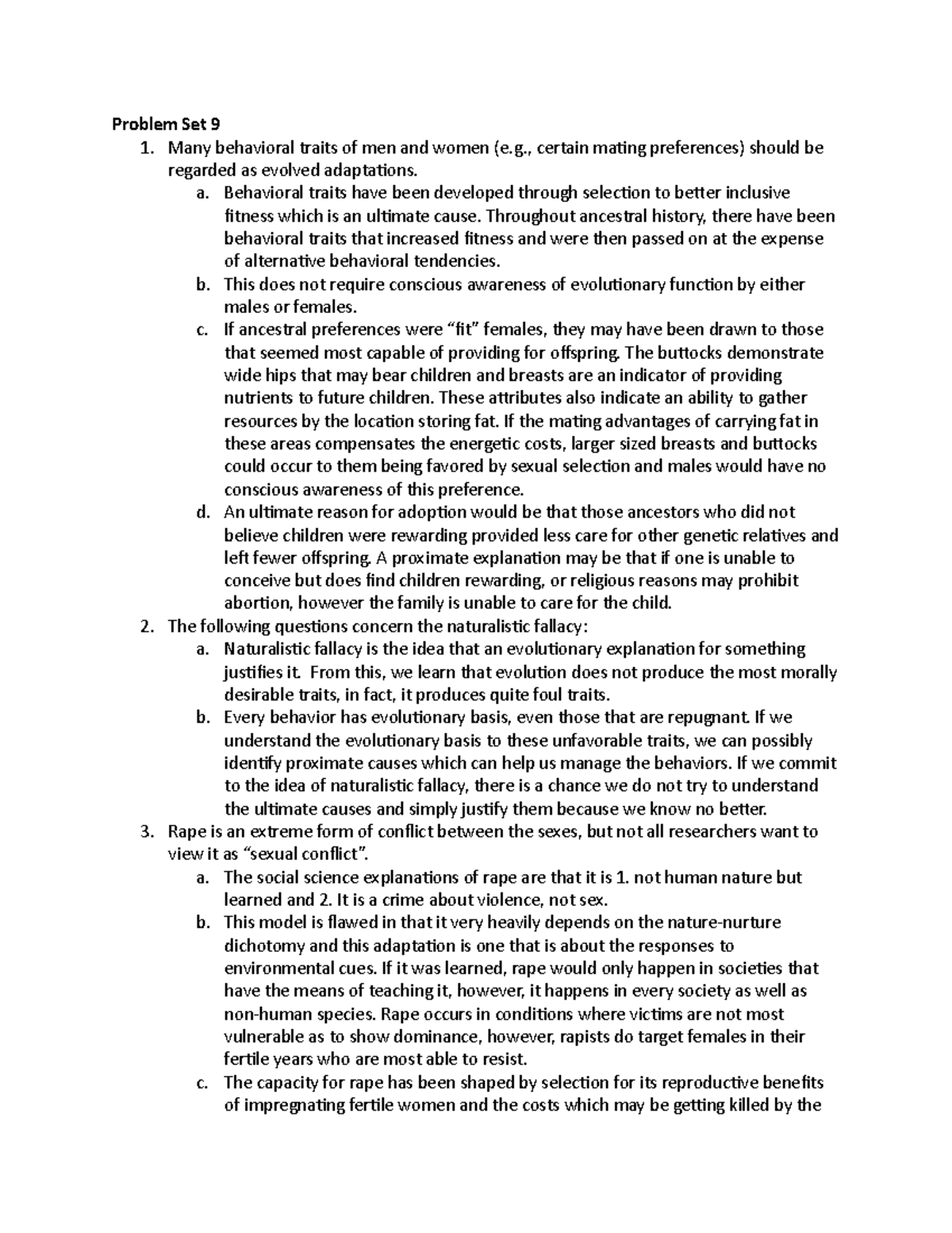 ANTH 216 problem set 9 - Problem Set 9 1. Many behavioral traits of men and women (e., certain ...