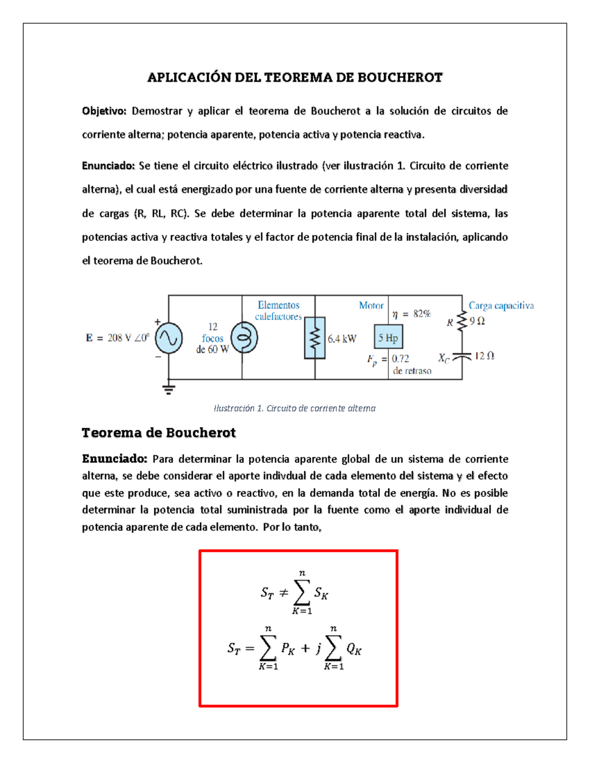 Teorema de Boucherot - Enunciado: Se tiene el circuito eléctrico ilustrado (ver ilustración 1 ...