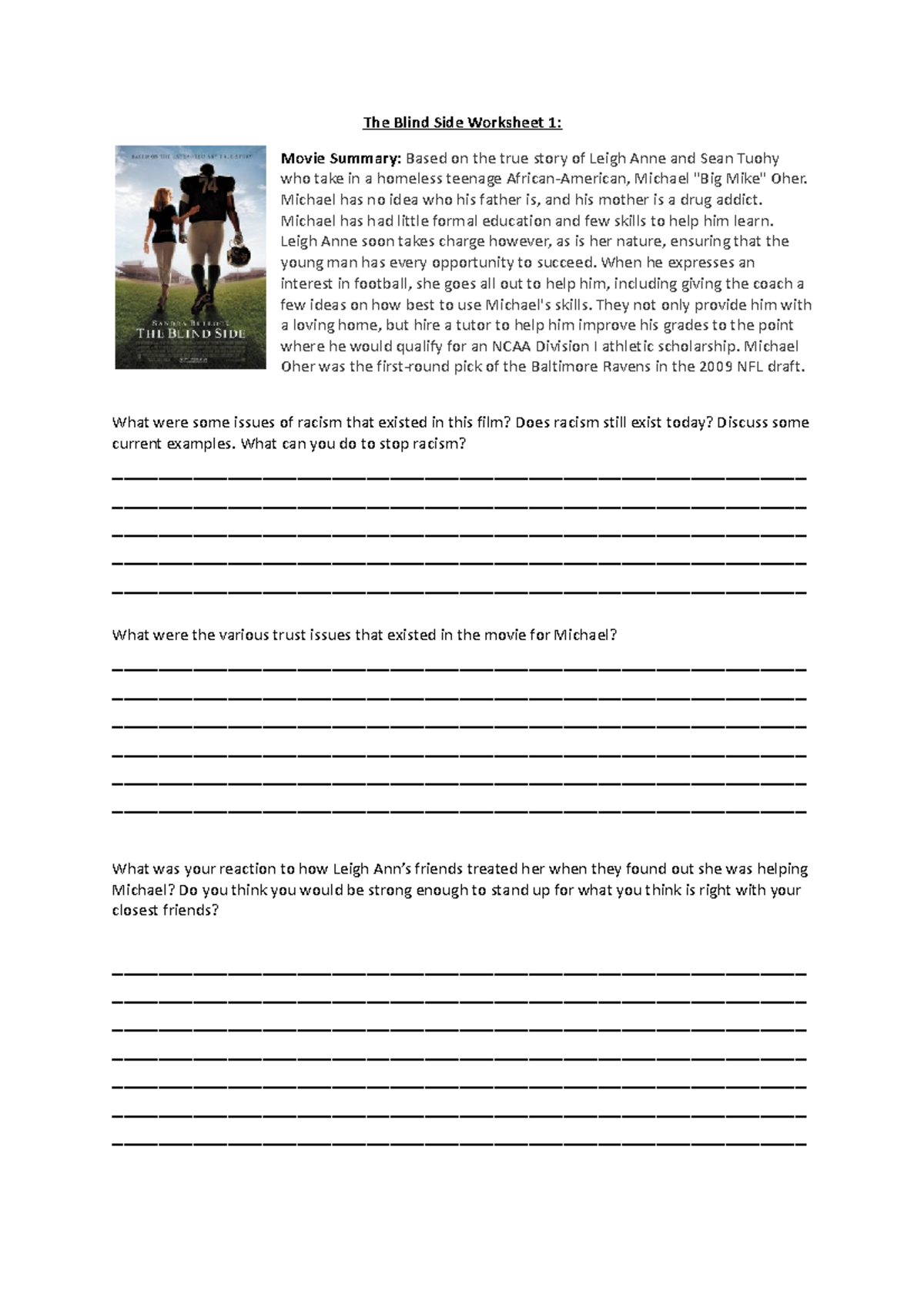 The Blind Side Worksheet 1 - Michael has no idea who his father is, and ...