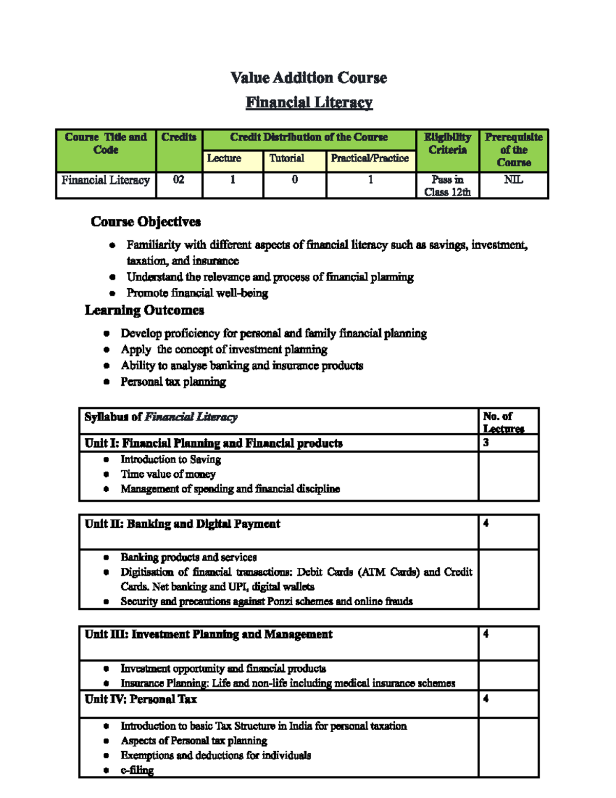 VAC Financial Literacy Syllabus - Value Addition Course Financial ...
