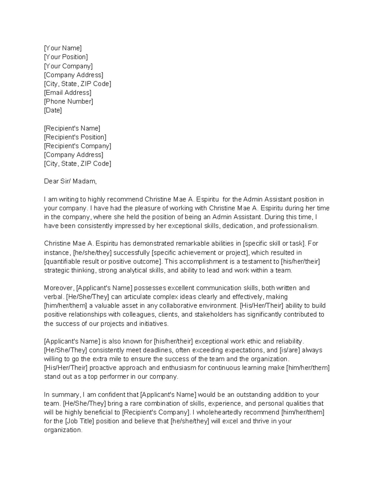 Admin Assistant Letter Format Recommendation - [Your Name] [Your ...