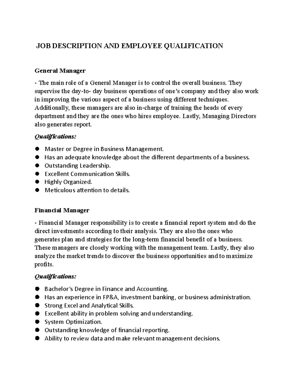 JOB Description AND Employee Qualification - JOB DESCRIPTION AND ...