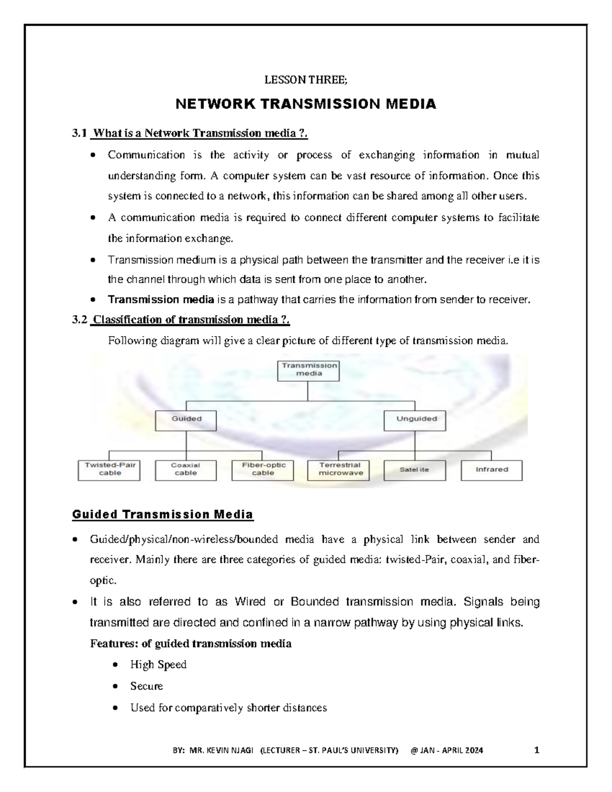 Lesson 3 Transmission Media - LESSON THREE; NETWORK TRANSMISSION MEDIA ...