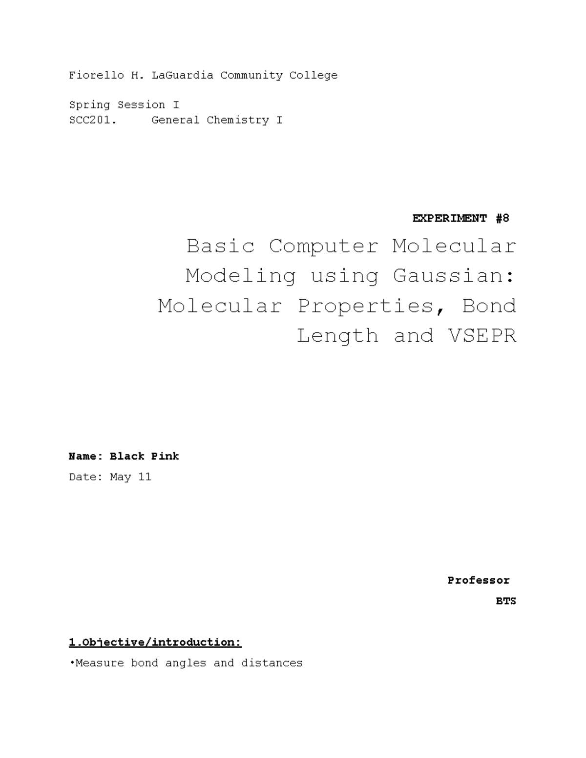 Lab8-Basic Computer Molecular Modeling using Gaussian: Molecular ...
