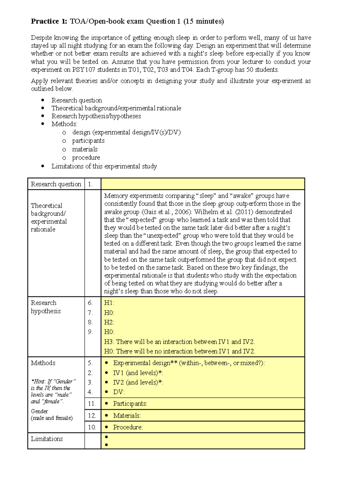 Exam Revision Practice sheets - Practice 1: TOA/Open-book exam Question ...