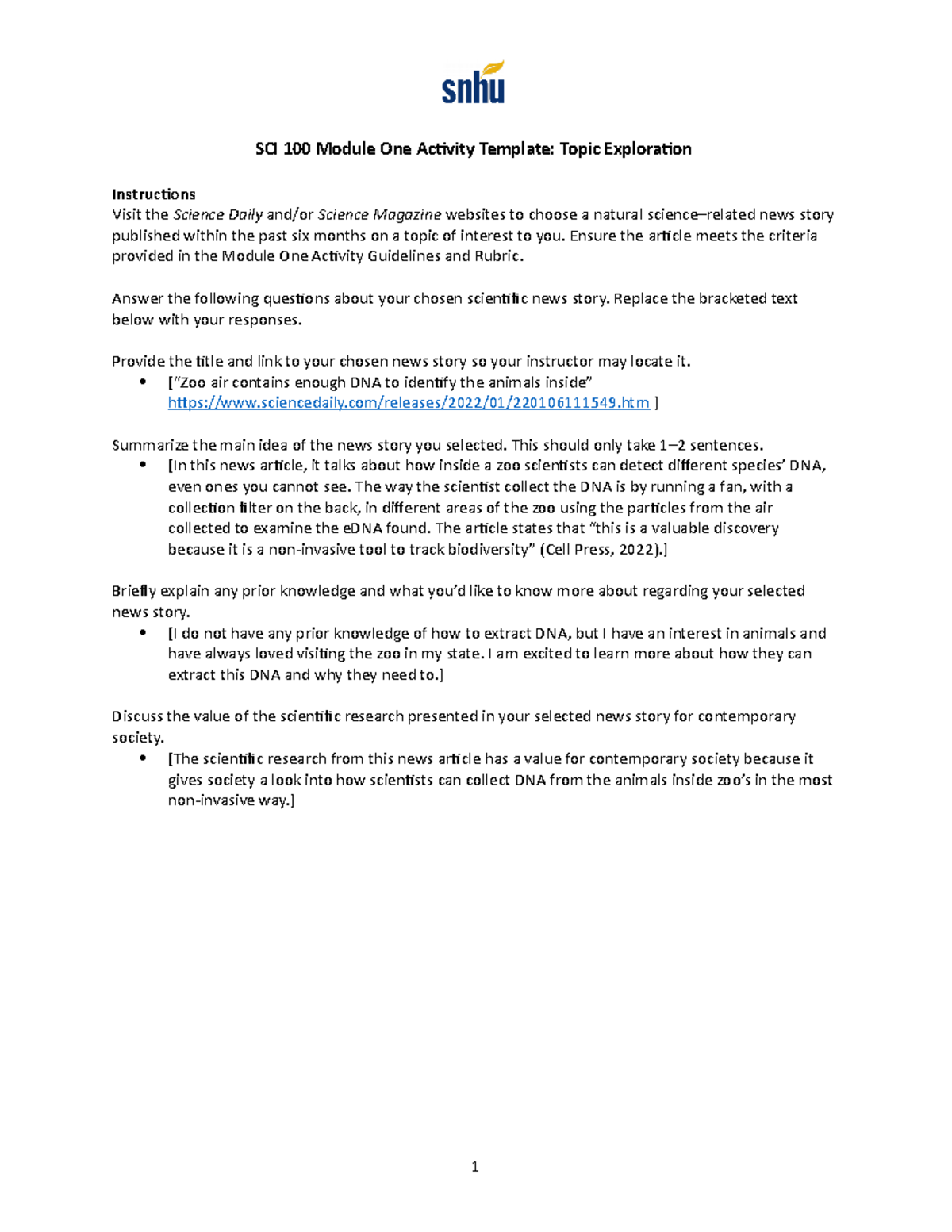 SCI 100 Module One Activity - Ensure the article meets the criteria ...