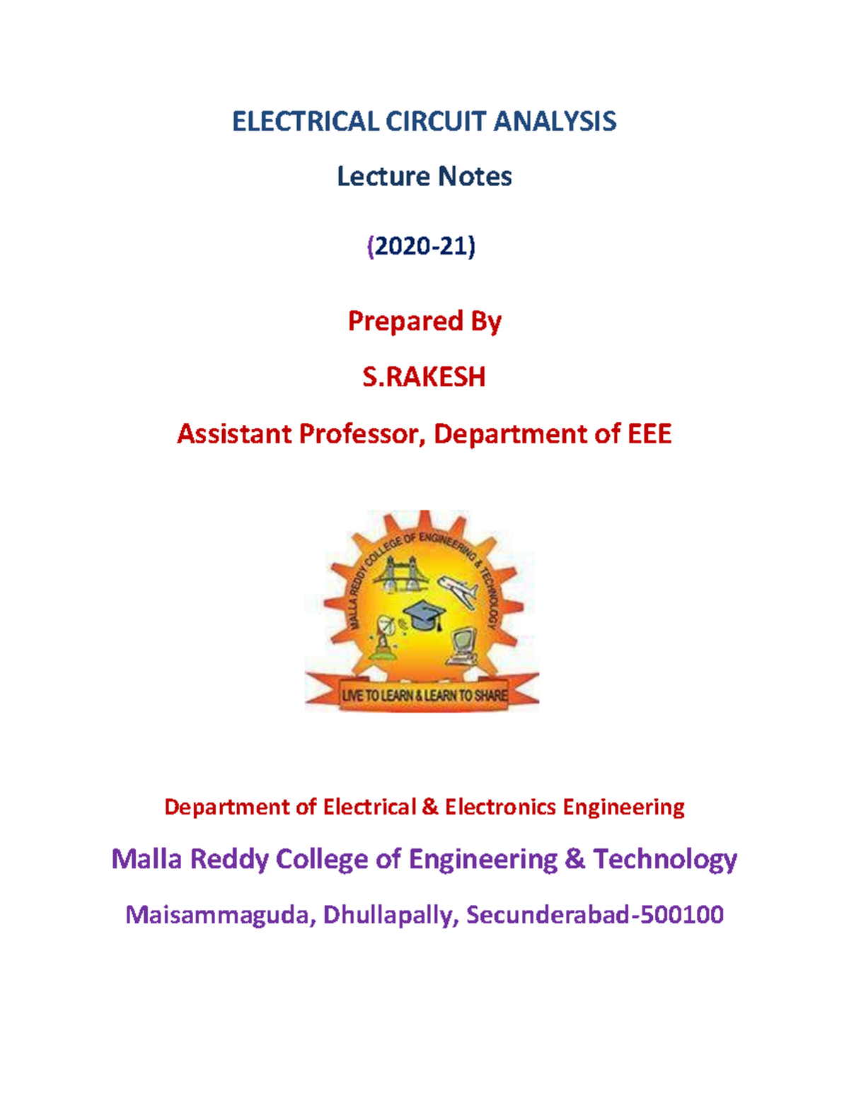 Electrical Circuit Analysis - ELECTRICAL CIRCUIT ANALYSIS Lecture Notes ...