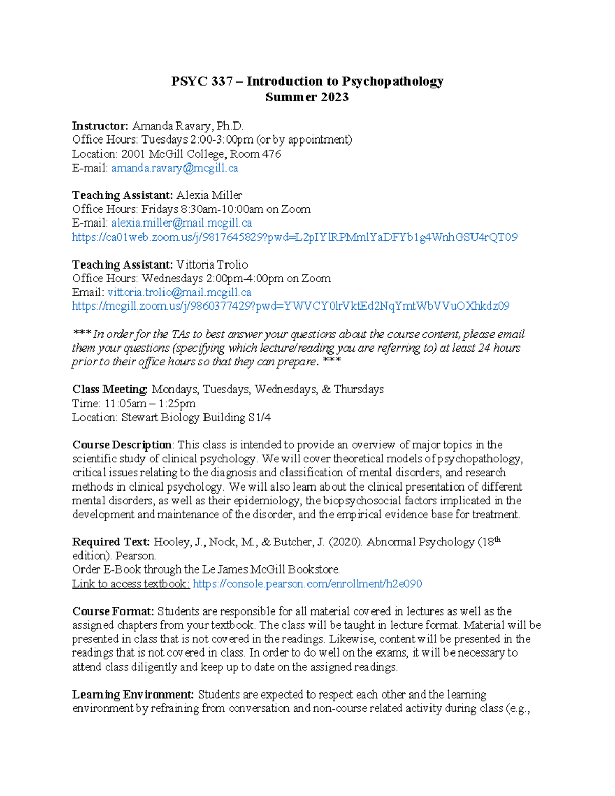 Psyc337 syllabus summer 2023 final - PSYC 337 – Introduction to Psychopathology Summer 2023 ...