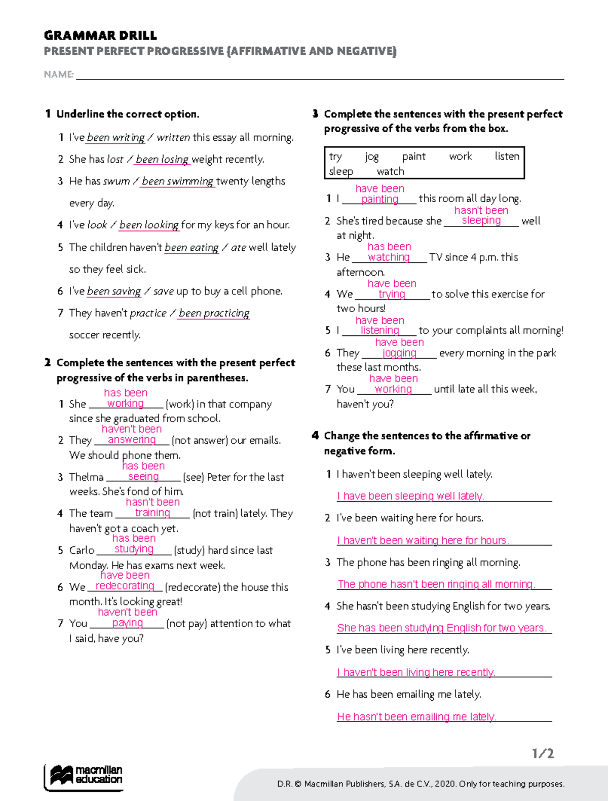 Grammar Drill 34 Present Perfect Progressive Affirmative and Negative ...