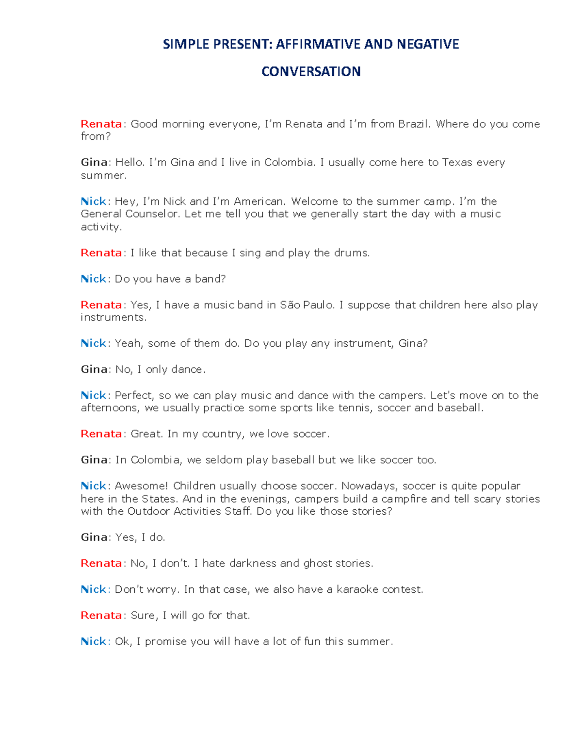 Conversation Simple Present - SIMPLE PRESENT: AFFIRMATIVE AND NEGATIVE ...