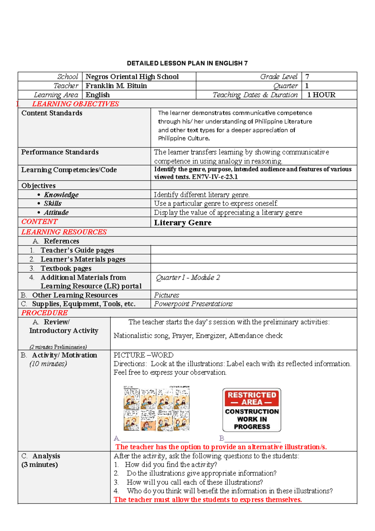 Detailed Lesson PLAN IN English 7 - DETAILED LESSON PLAN IN ENGLISH 7 ...